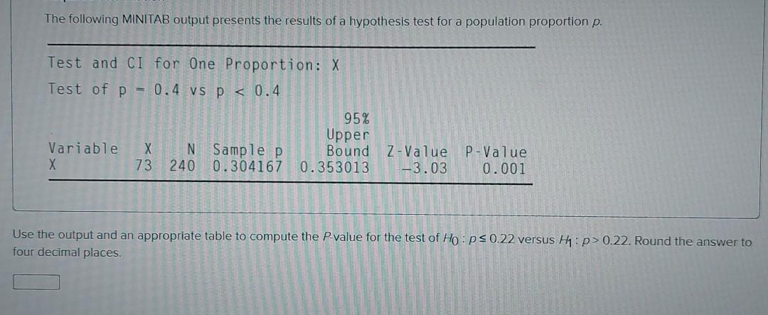 Solved The following MINITAB output presents the results of | Chegg.com