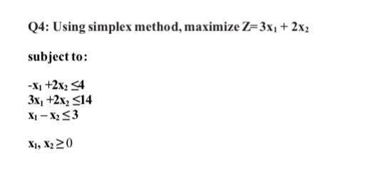Solved Q4: Using simplex method, maximize Z=3x1 + 2x2 | Chegg.com