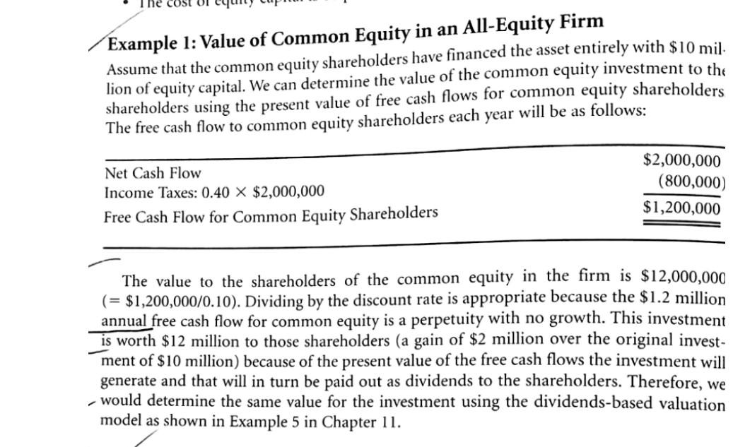 Solved The coSt 01 Example 1: Value of Common Equity in an | Chegg.com