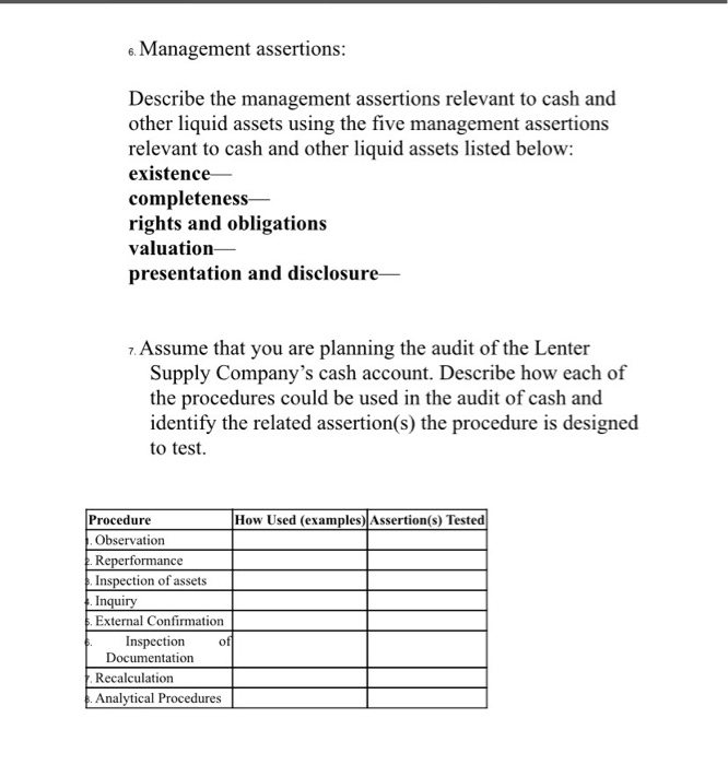 Solved 6. Management assertions: Describe the management | Chegg.com