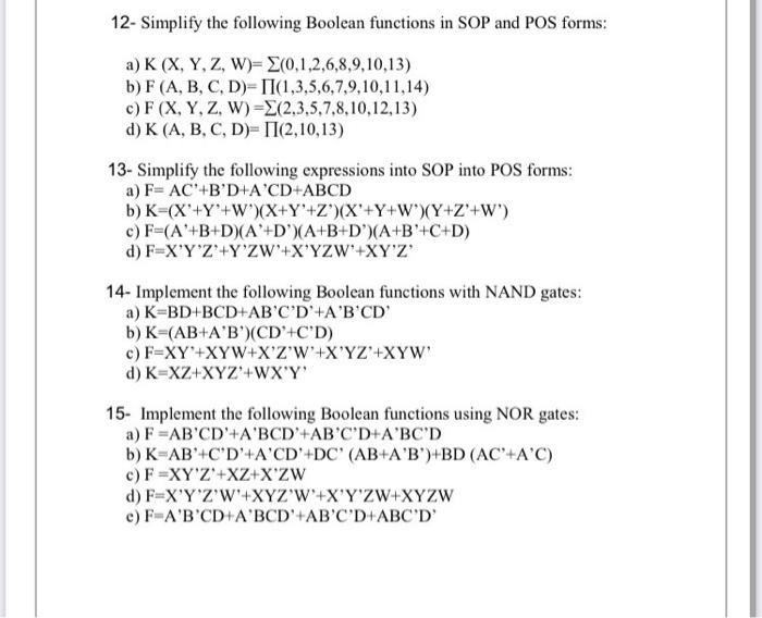 Solved 12- Simplify the following Boolean functions in SOP | Chegg.com
