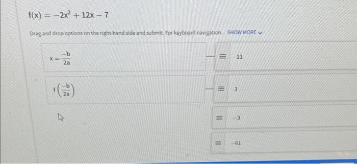 Solved f(x)=−2x2+12x−7 Drag and drop options on the | Chegg.com