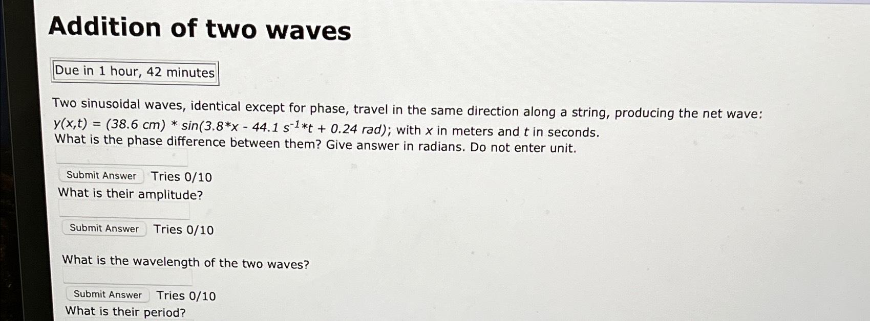 Solved Addition of two wavesDue in 1 ﻿hour, 42 ﻿minutesTwo | Chegg.com