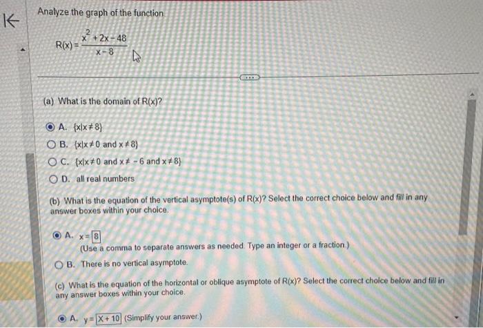 Solved Analyze the graph of the function R(x)=x−8x2+2x−48 | Chegg.com