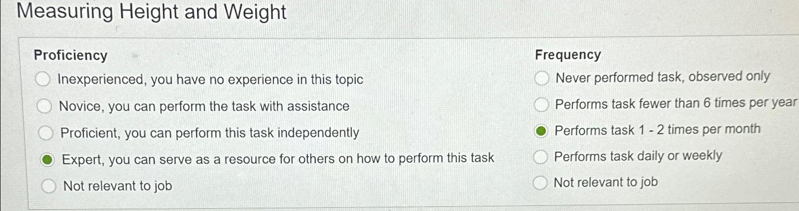 Solved Measuring Height and WeightProficiencyInexperienced, | Chegg.com