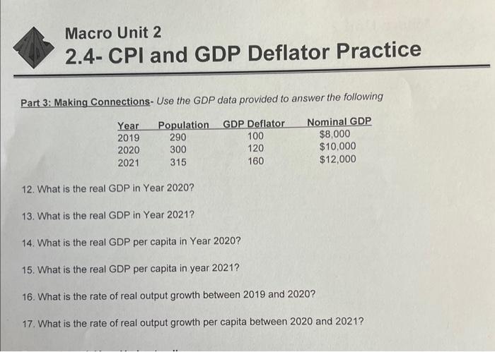 Solved Macro Unit 2 2.4- CPI and GDP Deflator Practice Part | Chegg.com