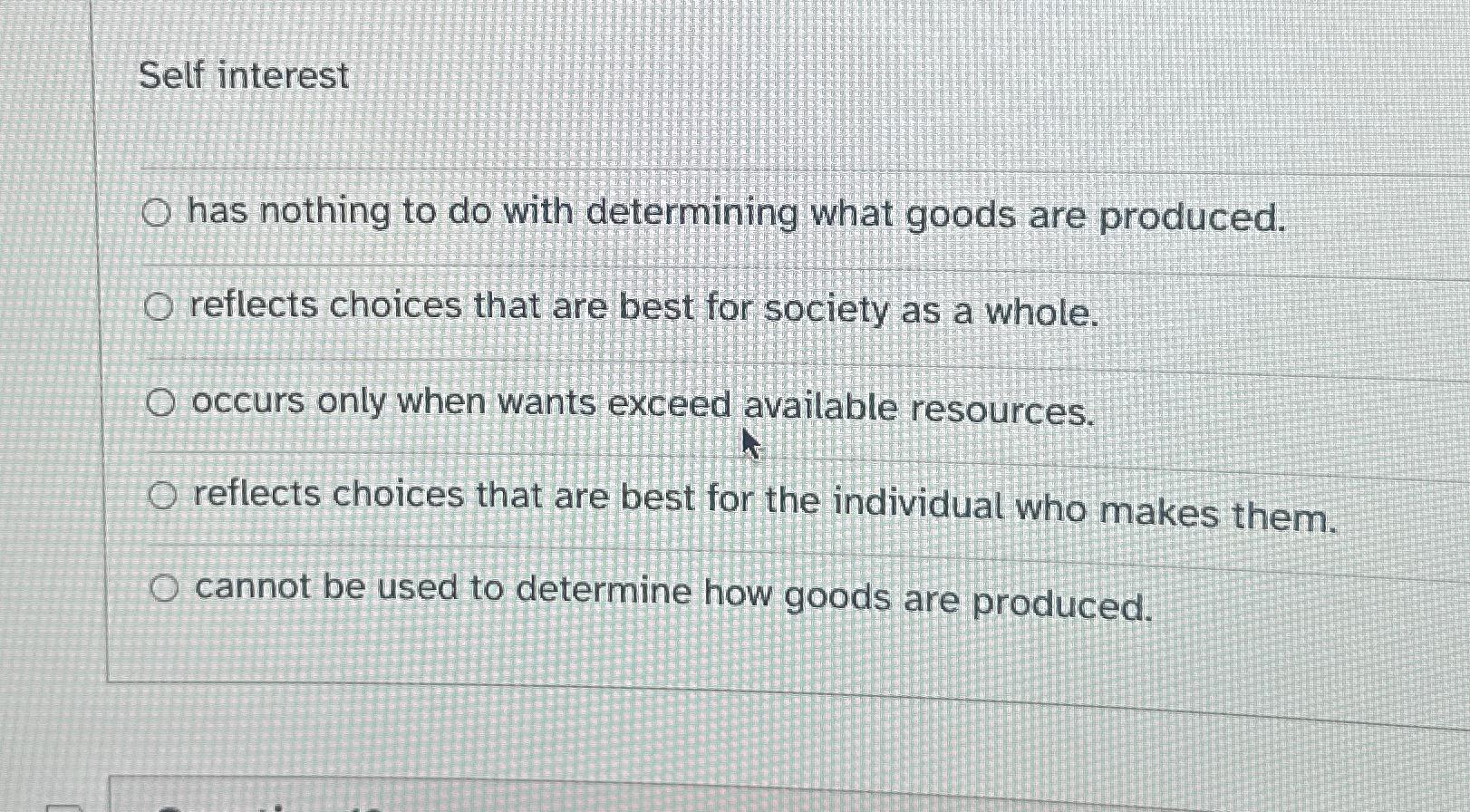 Solved Self interesthas nothing to do with determining what | Chegg.com