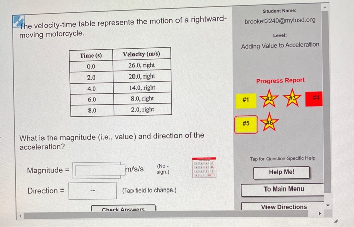 Solved Student Name: Velocity and time information for a | Chegg.com