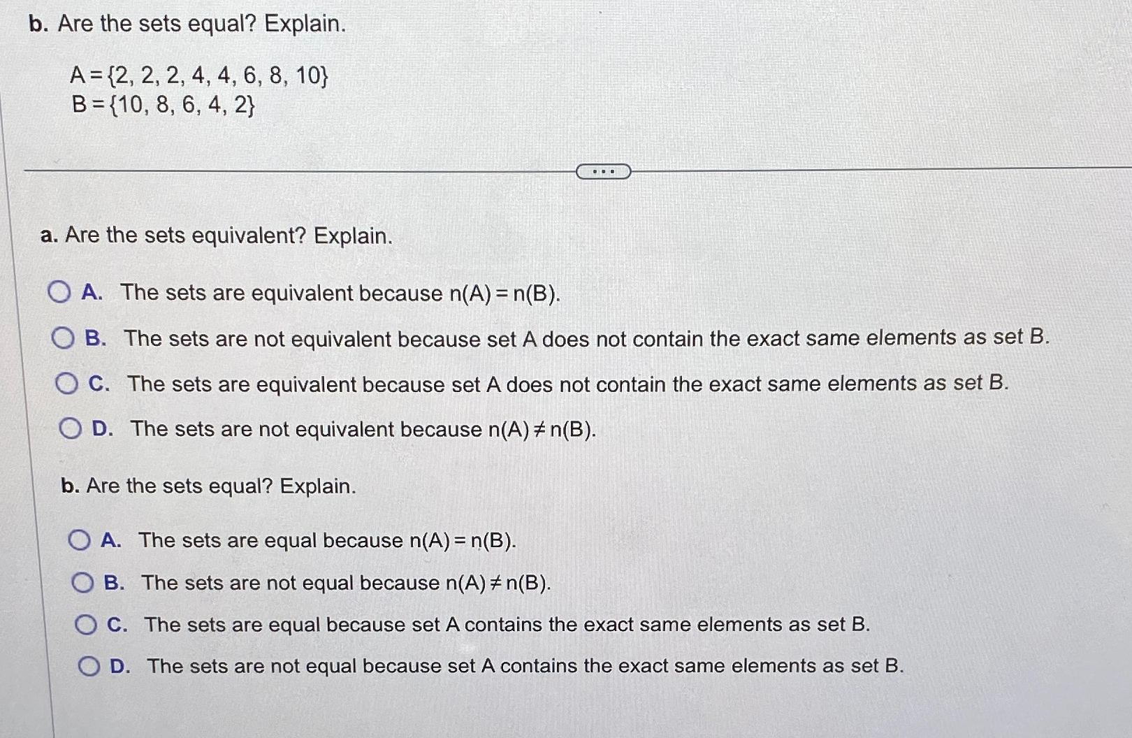 Solved b. ﻿Are the sets equal? | Chegg.com