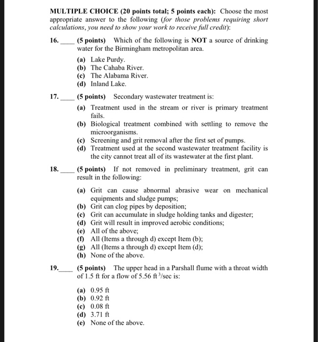 Solved MULTIPLE CHOICE (20 points total; 5 points each): | Chegg.com