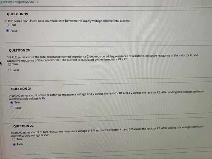 Solved Question Completion Status: QUESTION 19 In RLC series | Chegg.com