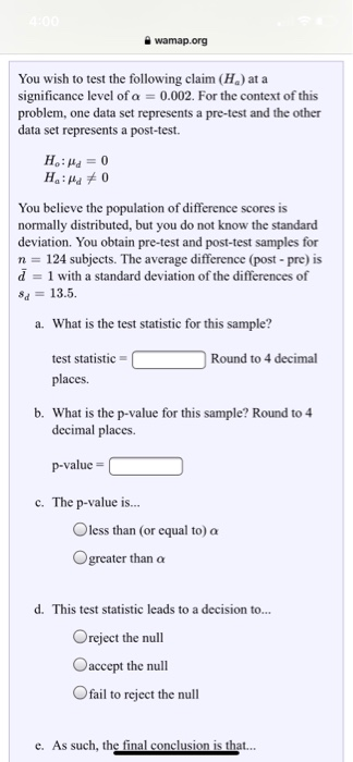 Solved wamap.org You wish to test the following claim (H.) | Chegg.com