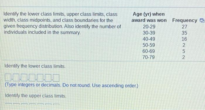 Solved Identify the lower class limits, upper class limits, | Chegg.com