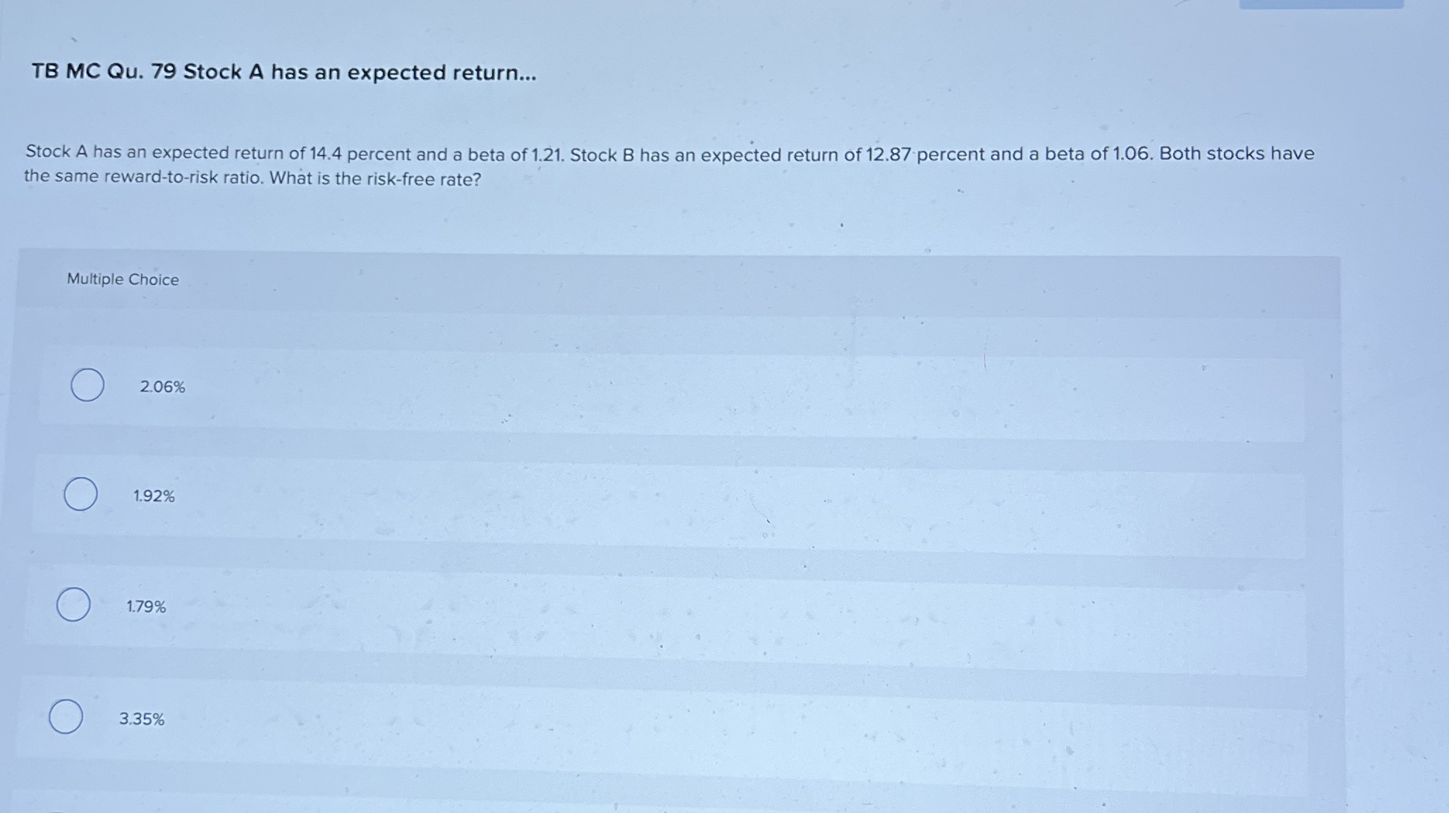 Solved TB MC Qu. 79 ﻿Stock A has an expected return...Stock | Chegg.com