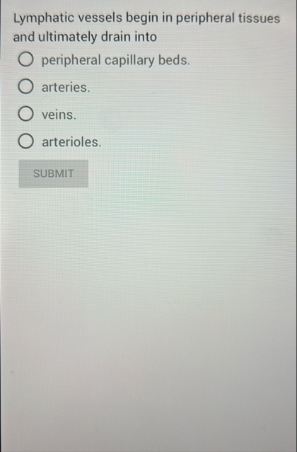 Solved Lymphatic vessels begin in peripheral tissues and | Chegg.com