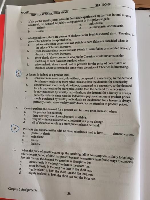 Solved SECTION NAME PRINT LAST NAME, FIRST NAME S. c. a b. | Chegg.com