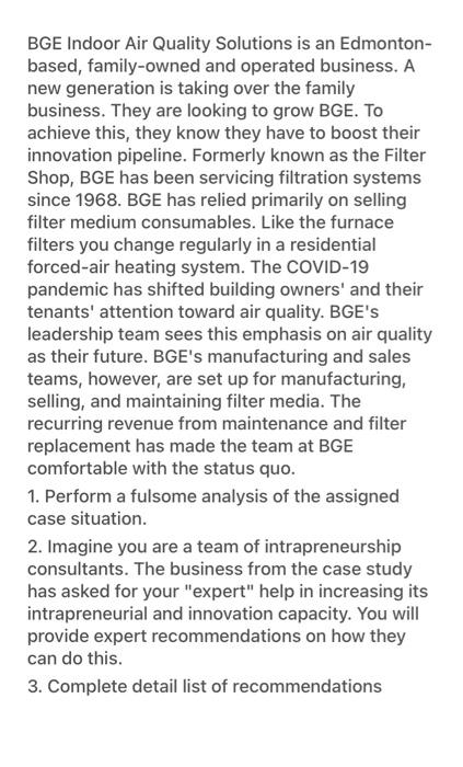 Solved BGE Indoor Air Quality Solutions is an Edmontonbased, | Chegg.com