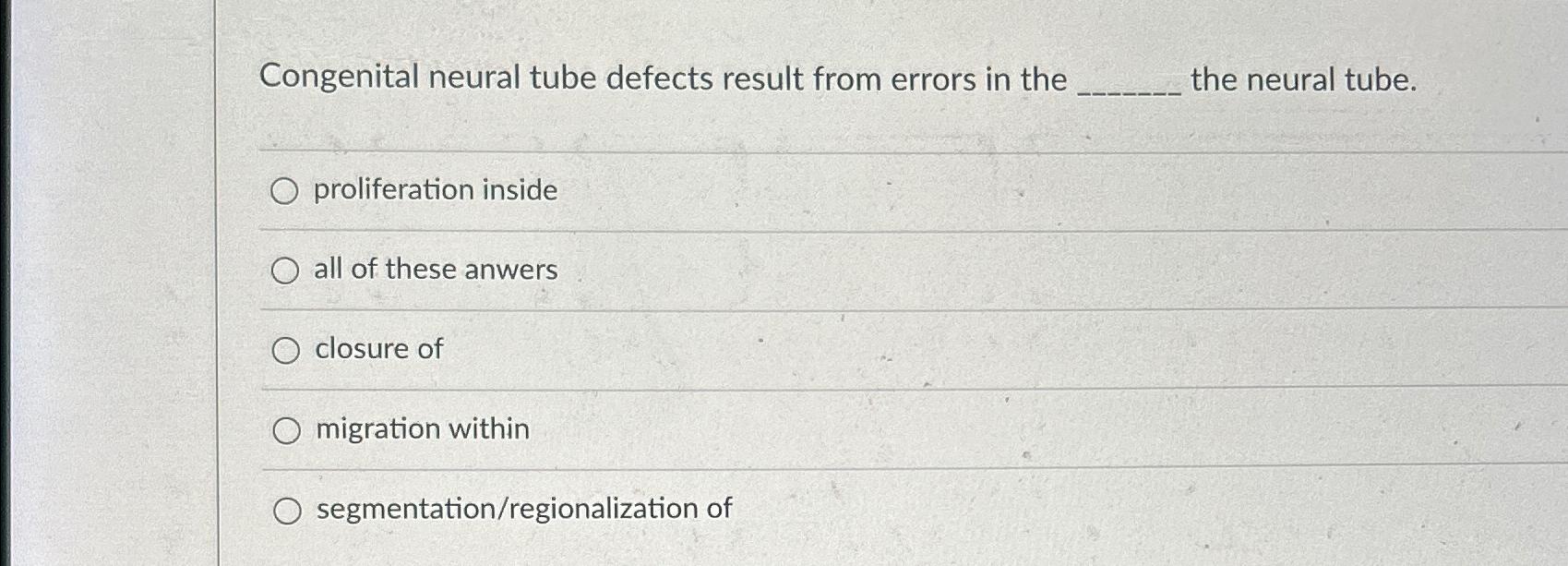 Solved Congenital neural tube defects result from errors in | Chegg.com