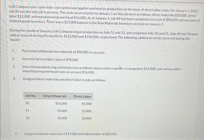 Solved Lott Company uses a job order cost system and applies | Chegg.com