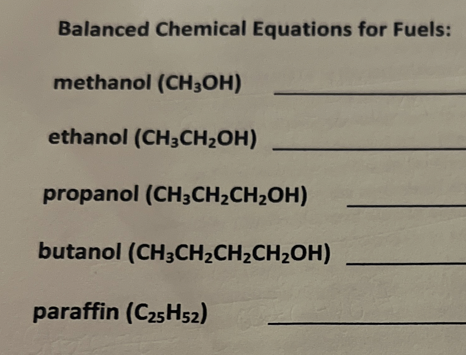 Solved Balanced Chemical Equations for Fuels:methanol | Chegg.com