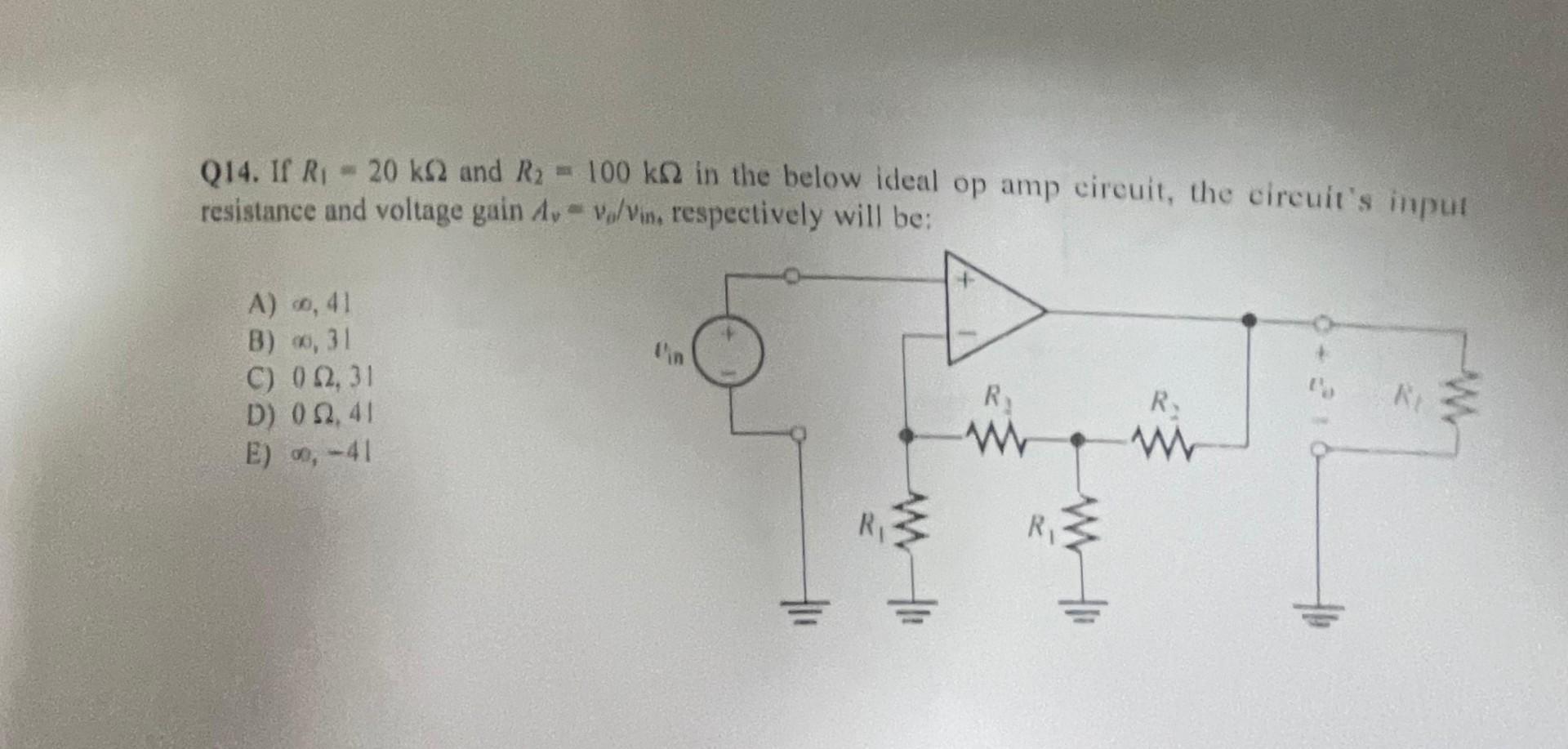 Solved Q14. If R1=20kΩ and R2=100kΩ in the below ideal op | Chegg.com
