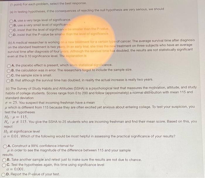 Solved (1 point) For each problem, select the best response. | Chegg.com