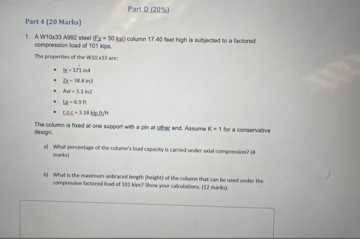 Solved 1. A W10x33 A992 steel (Fy=50ksi) column 17.40 feet | Chegg.com