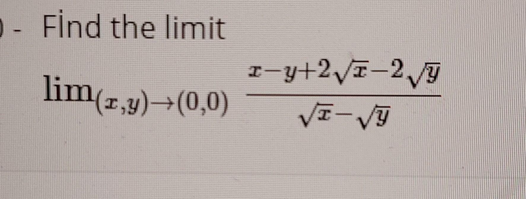 Solved FInd the limit lim(x,y)→(0,0)x−yx−y+2x−2y | Chegg.com