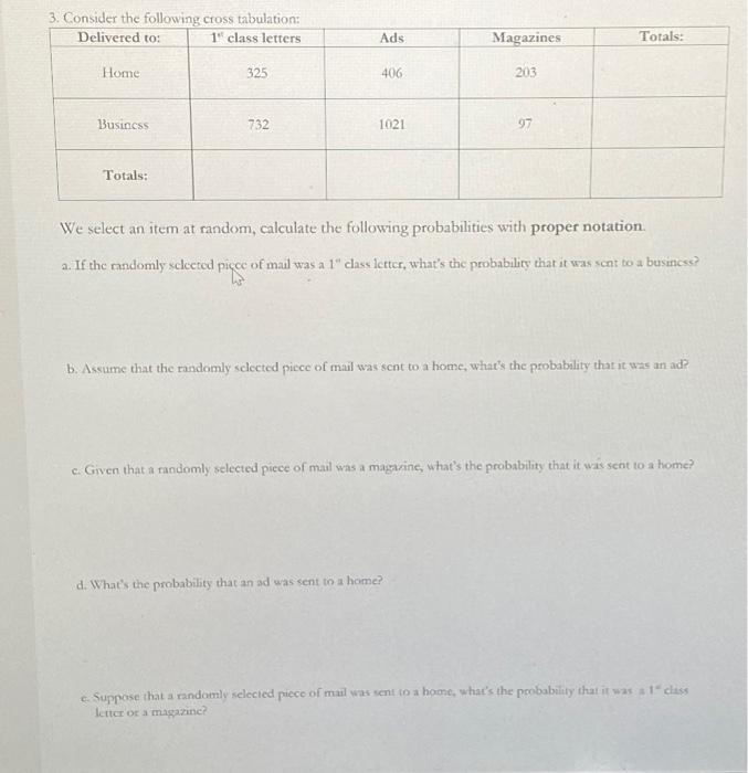 Solved 3. Consider the following cross tabulation: Delivered | Chegg.com