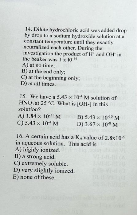 Solved 14. Dilute hydrochloric acid was added drop by drop | Chegg.com
