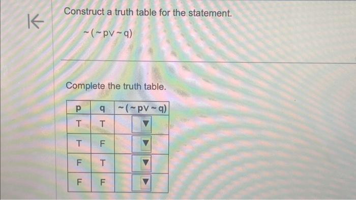 Construct a truth table for the statement. ∼(∼p∨∼q) | Chegg.com