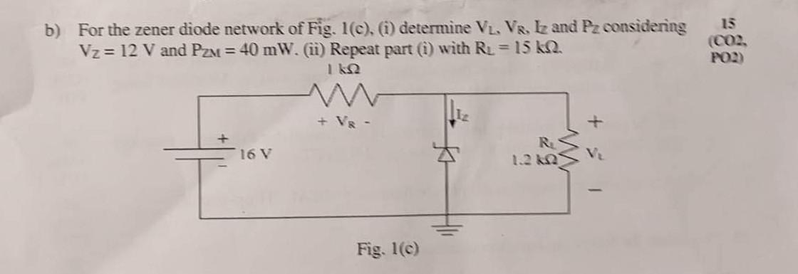 Solved b) For the zener diode network of Fig. 1 (c), (i) | Chegg.com
