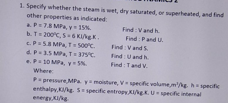 Solved 1. Specify whether the steam is wet, dry saturated, | Chegg.com