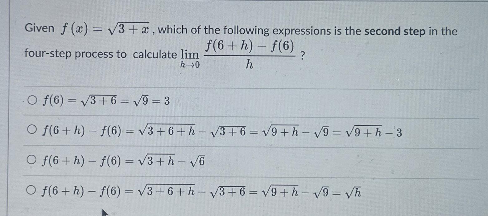 Solved Given f(x)=3+x2, ﻿which of the following expressions | Chegg.com