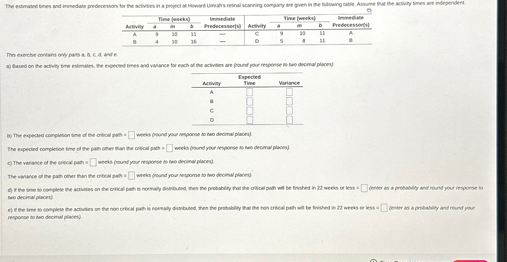 Solved \table[[Activity,Time | Chegg.com
