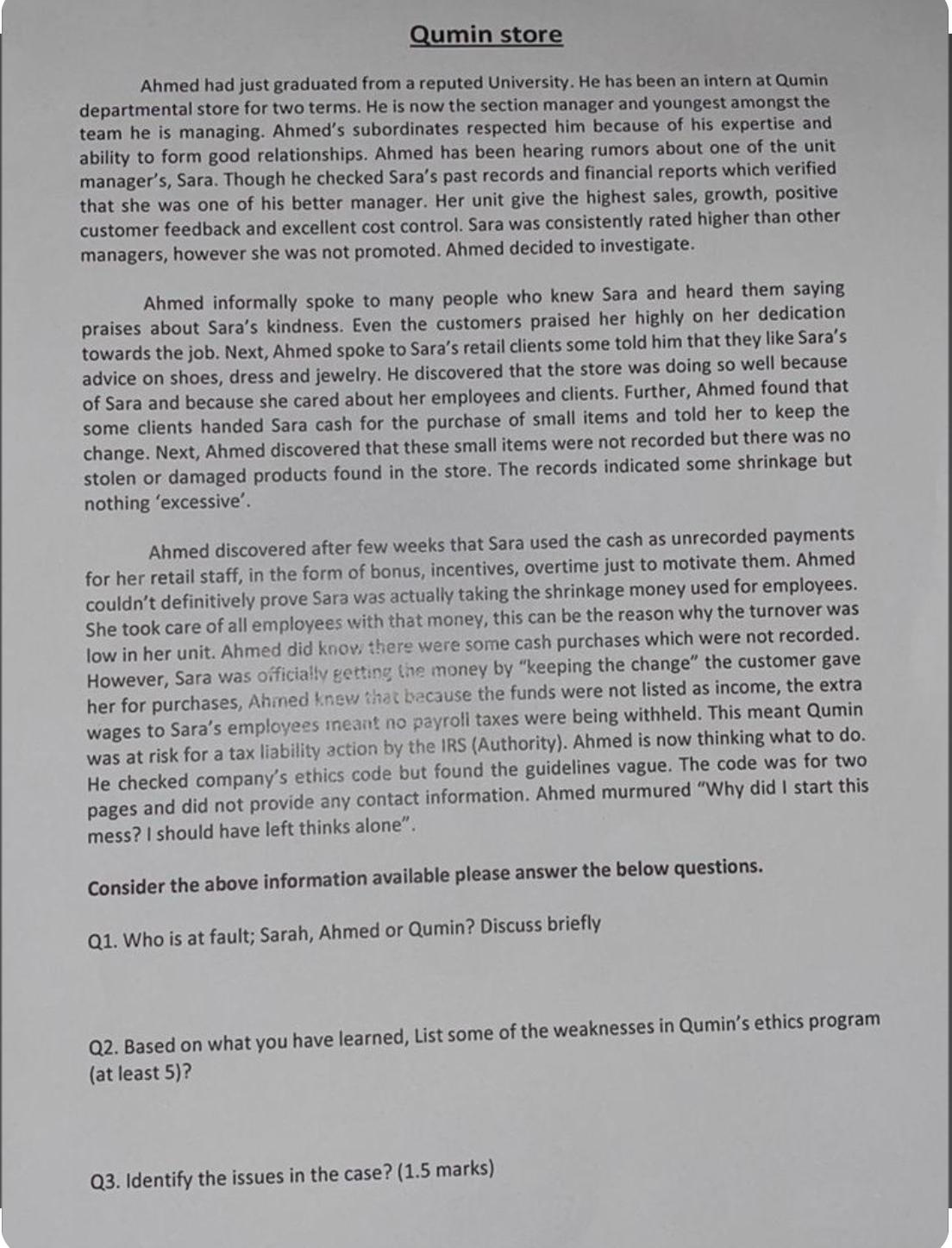 Solved Qumin storeAhmed had just graduated from a reputed | Chegg.com