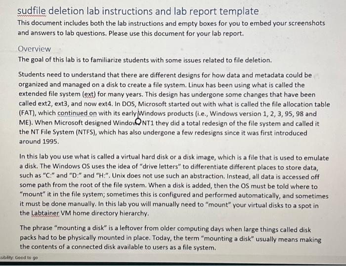 Solved sudfile deletion lab instructions and lab report | Chegg.com