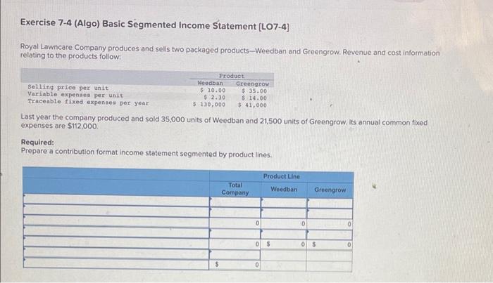 Solved Exercise 7-4 (Algo) Basic Segmented Income Statement | Chegg.com