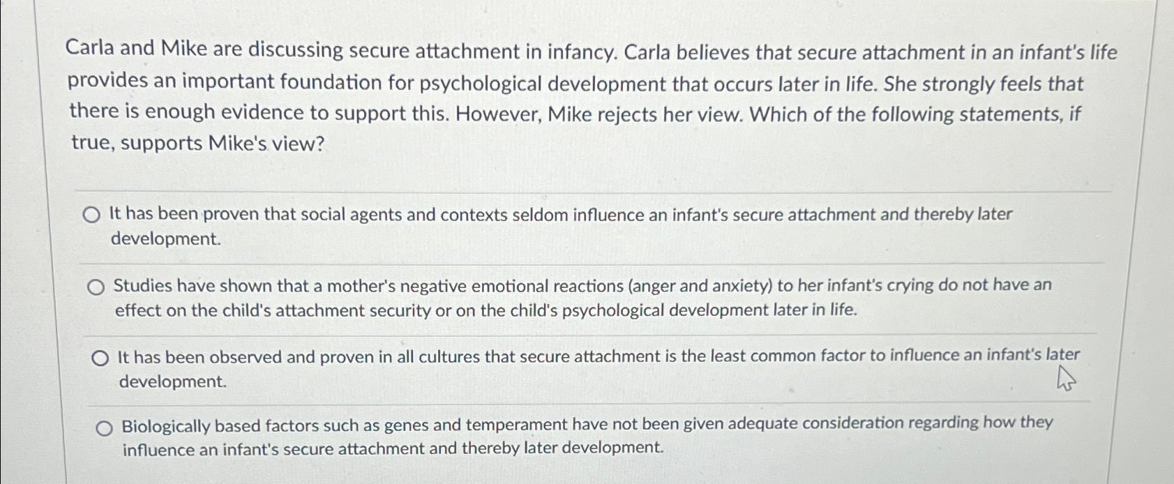 Solved Carla and Mike are discussing secure attachment in | Chegg.com