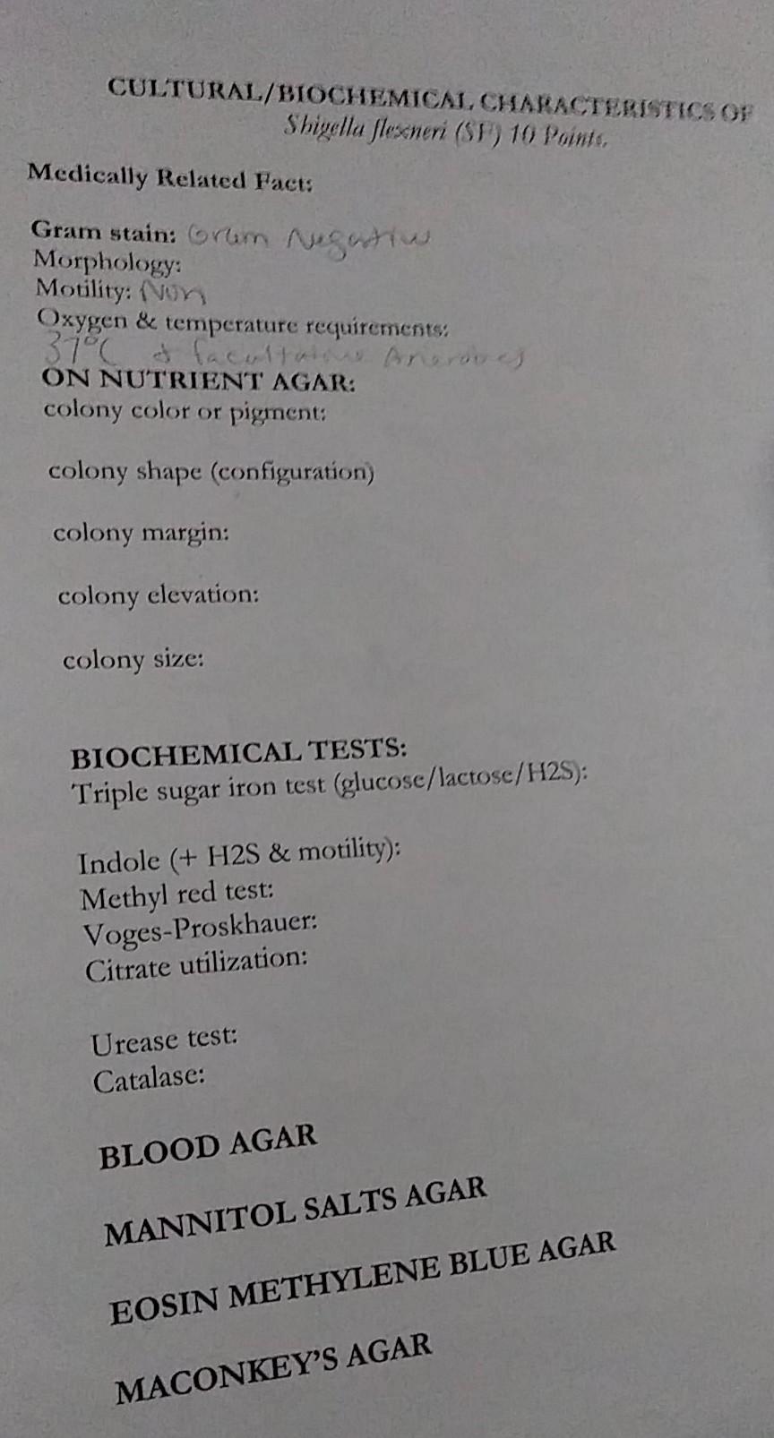 Solved CULTURAL/BIOCHEMICAL CHARACTERISTICS OF Shigella | Chegg.com