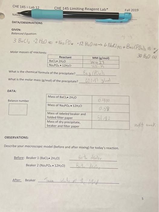 CHE 145 - Lab 12 CHE 145 Limiting Reagent Labº Fall | Chegg.com
