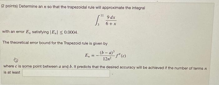 Solved (2 points) Determine an n so that the trapezoidal | Chegg.com