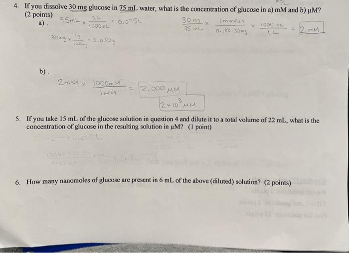 Solved 4. If you dissolve 30mg glucose in 75 mL water, what | Chegg.com