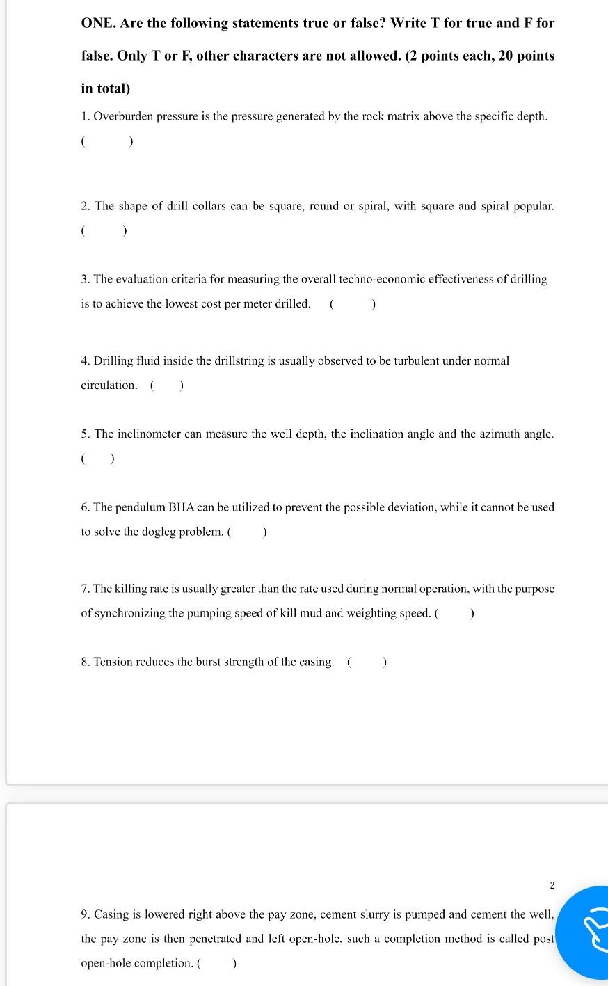 Solved ONE. Are the following statements true or false? | Chegg.com