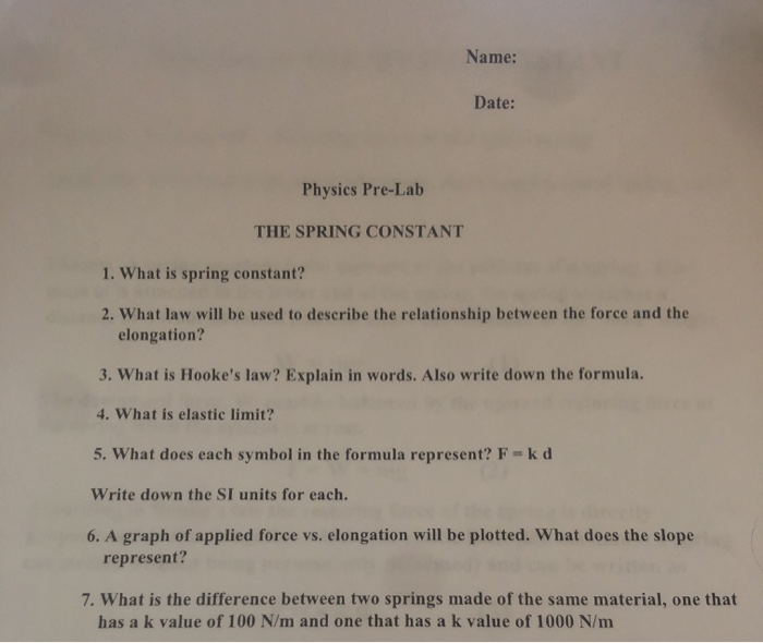 Solved Name: Date: Physics Pre-Lab THE SPRING CONSTANT 1. | Chegg.com