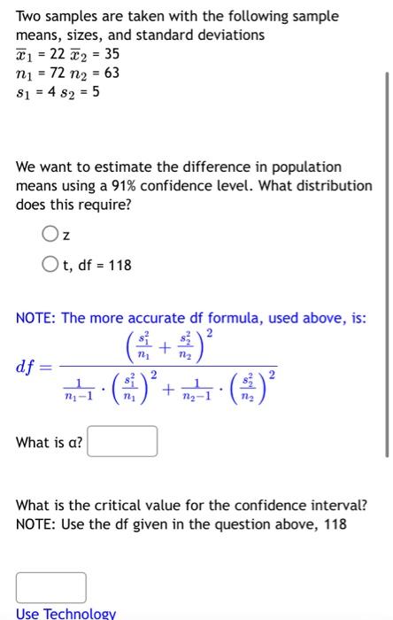 Solved Two samples are taken with the following sample | Chegg.com