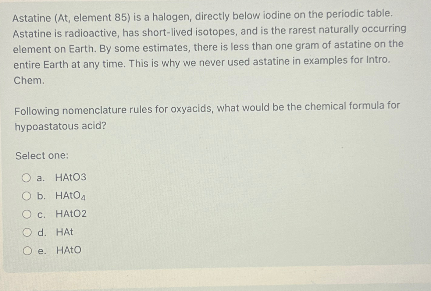 Solved Astatine (At, ﻿element 85 ) ﻿is a halogen, directly | Chegg.com