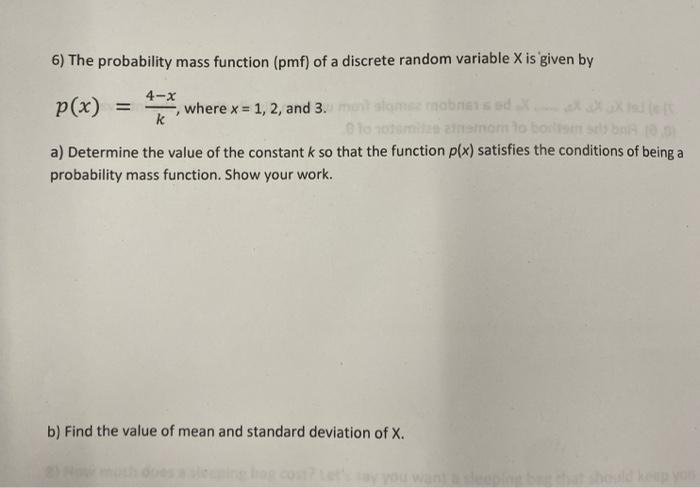 Solved 6) The probability mass function (pmf) of a discrete | Chegg.com