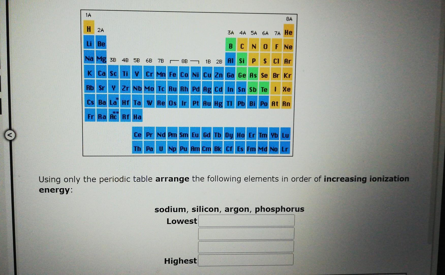 Solved Using only the periodic table arrange the following | Chegg.com