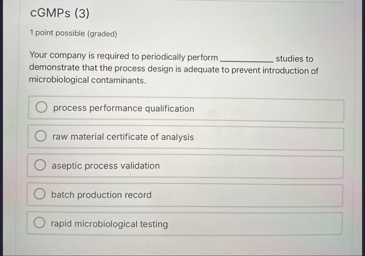 Solved cGMPs (3)1 ﻿point possible (graded)Your company is | Chegg.com